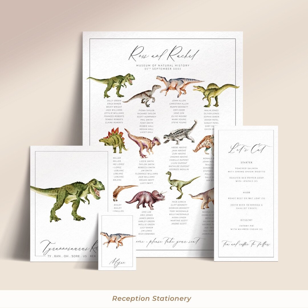 Printable Dinosaur Reception Stationery menu, Place Cards, Table Plan ...