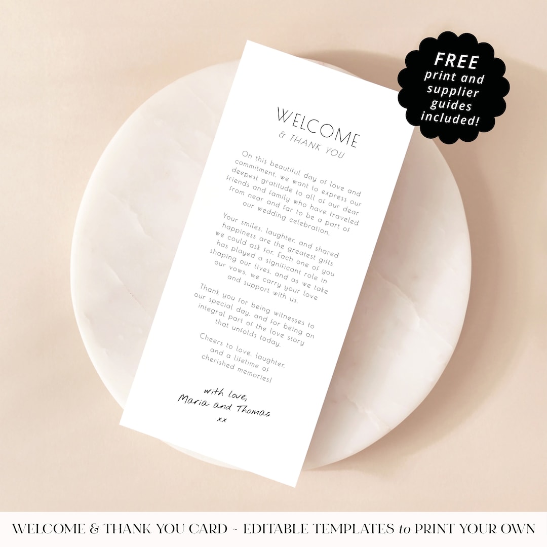 Editable Wedding Welcome and Thank You Card Template. Instant Digital ...
