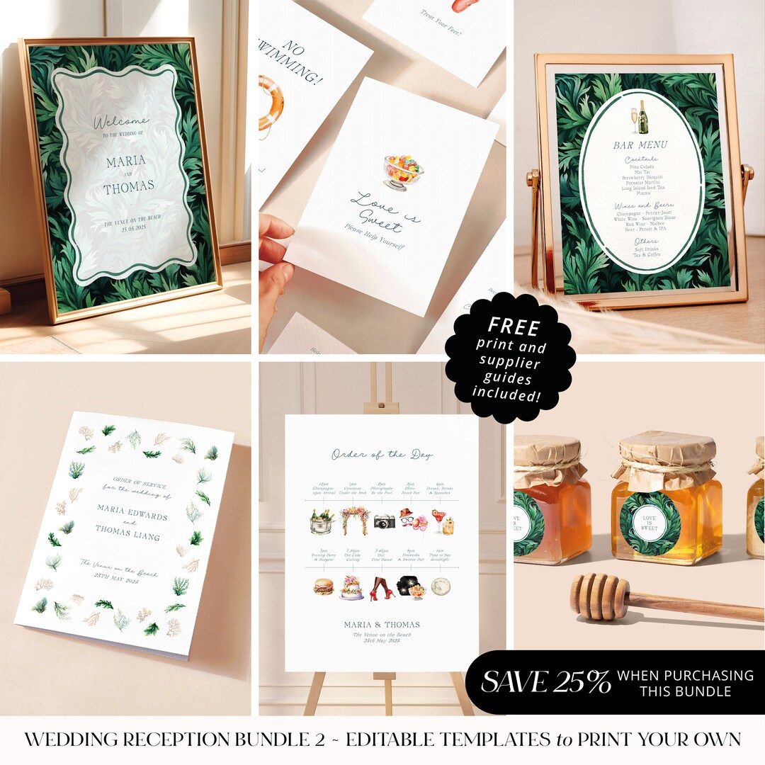 Reception Signage & Favour Sticker Template Bundle. Dark Green ...