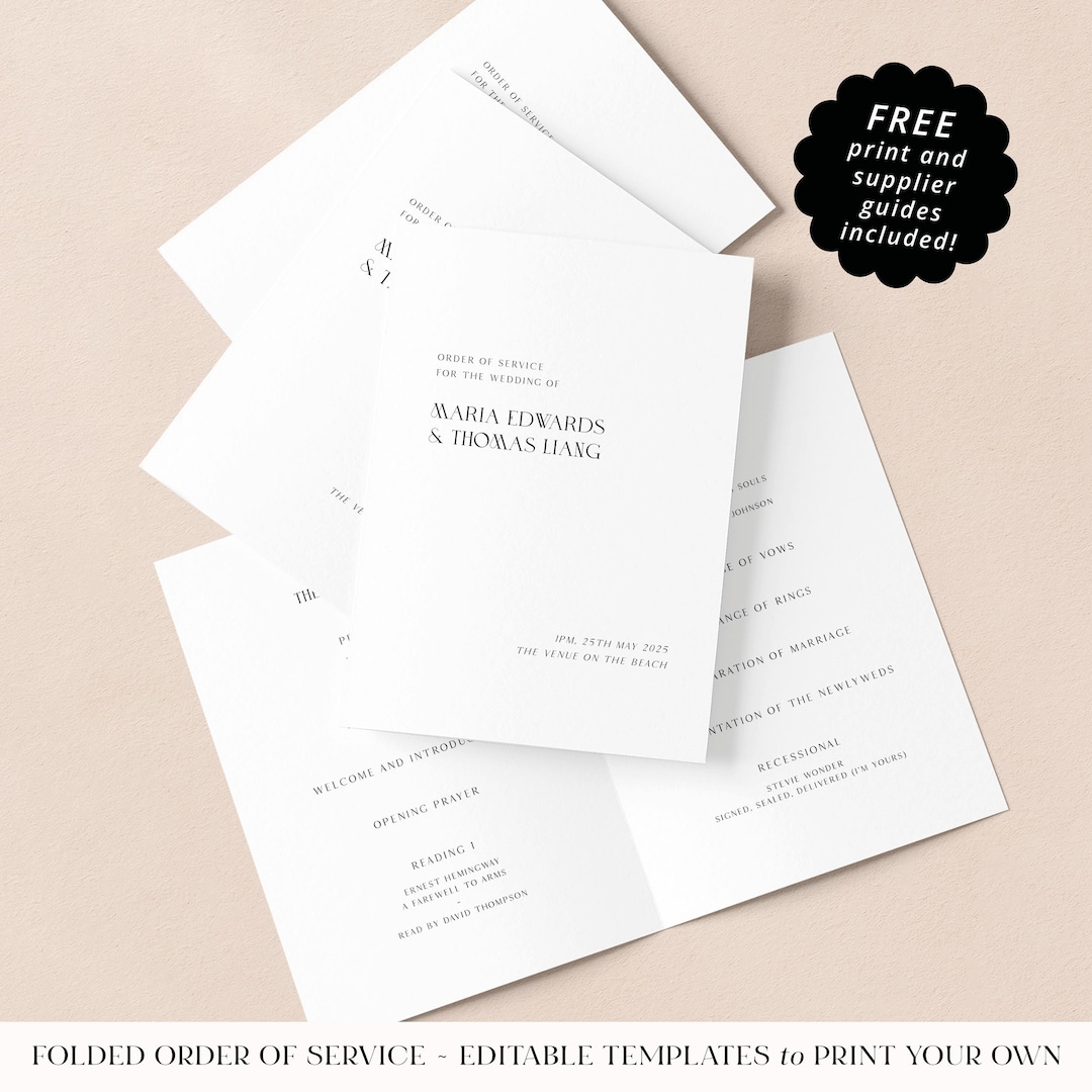 Editable Wedding Order of Service Template. Instant Digital Download ...