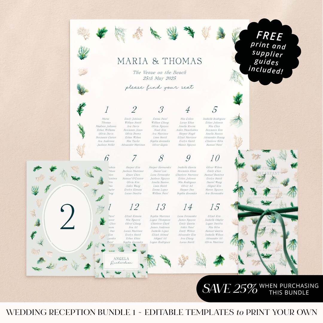 Table Plan, Table Names, Place Cards, Menu Template Bundle. Editable ...