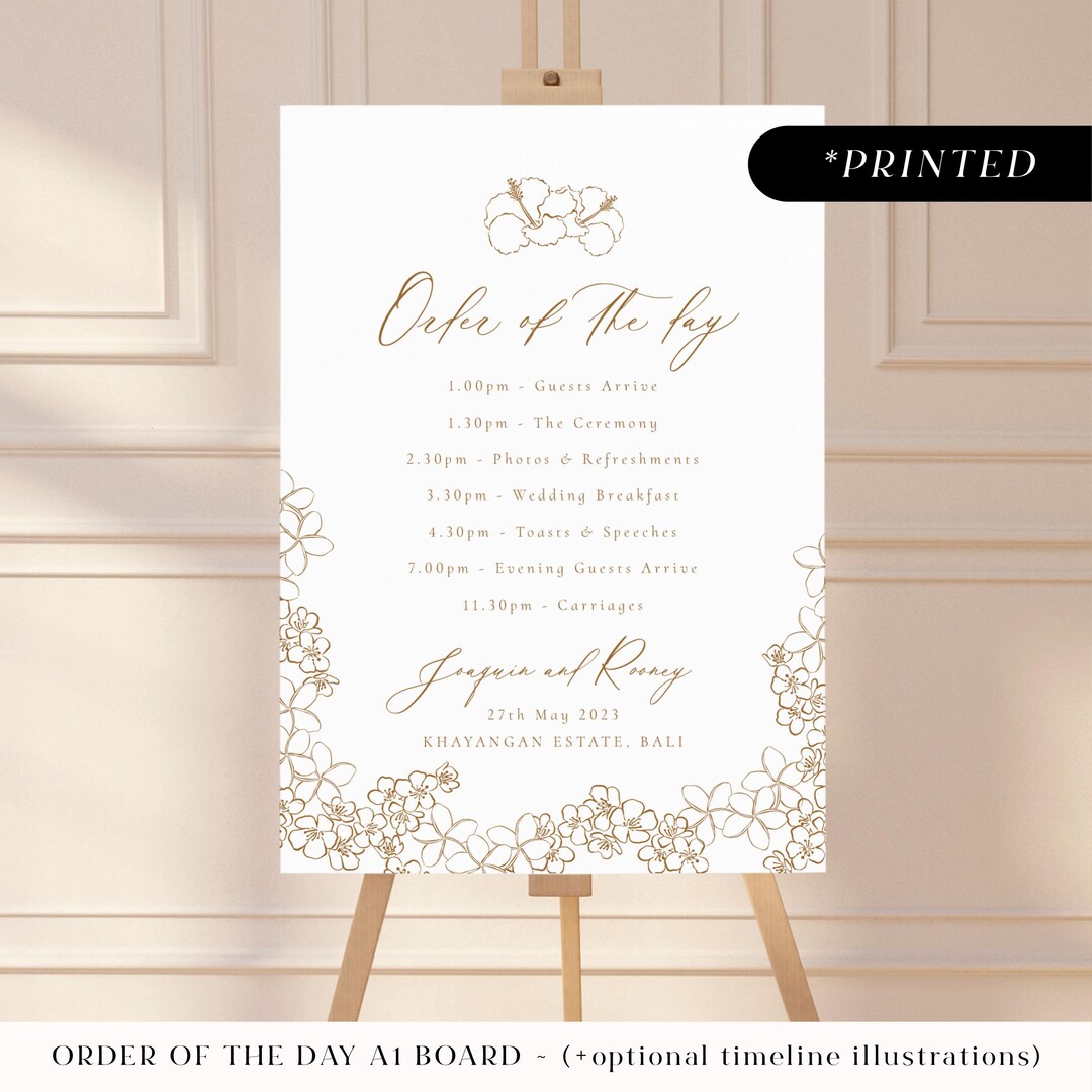 Tropical Gold Floral Wedding Order of the Day. A1 Timeline Board ...