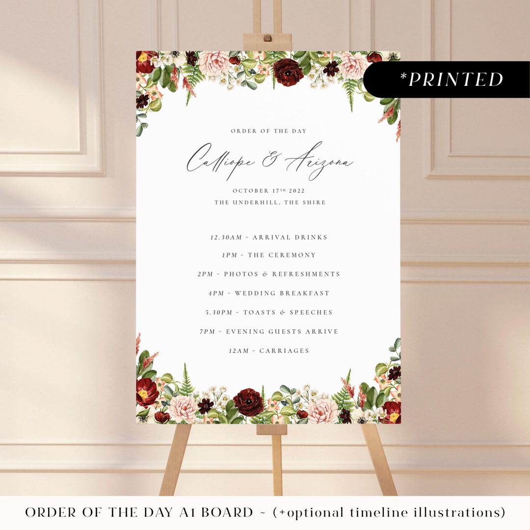 Autumn Floral Wedding Order of the Day. Large A1 Timeline Board. Fall ...