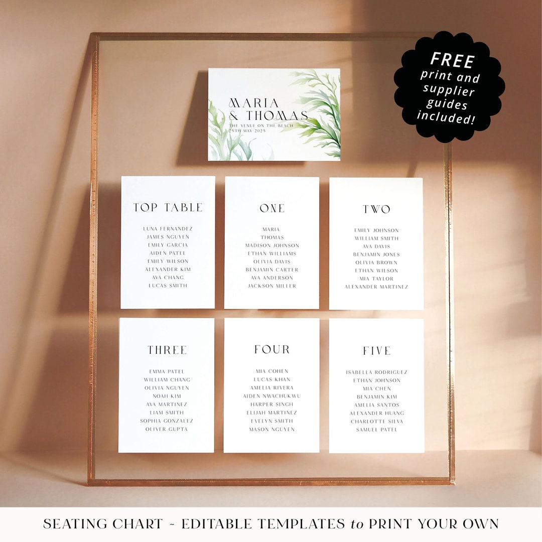 Editable Wedding Table Plan Cards. Sage Green Botanical Seating Chart ...