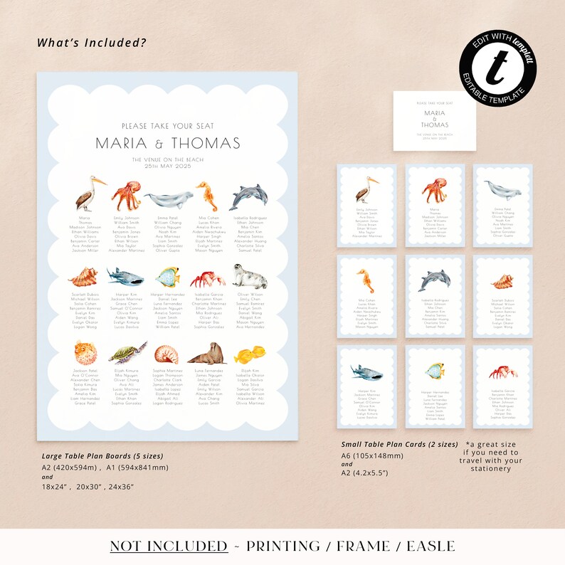 Editable Wedding Table Plan Sign. Sealife Seating Chart. Instant ...