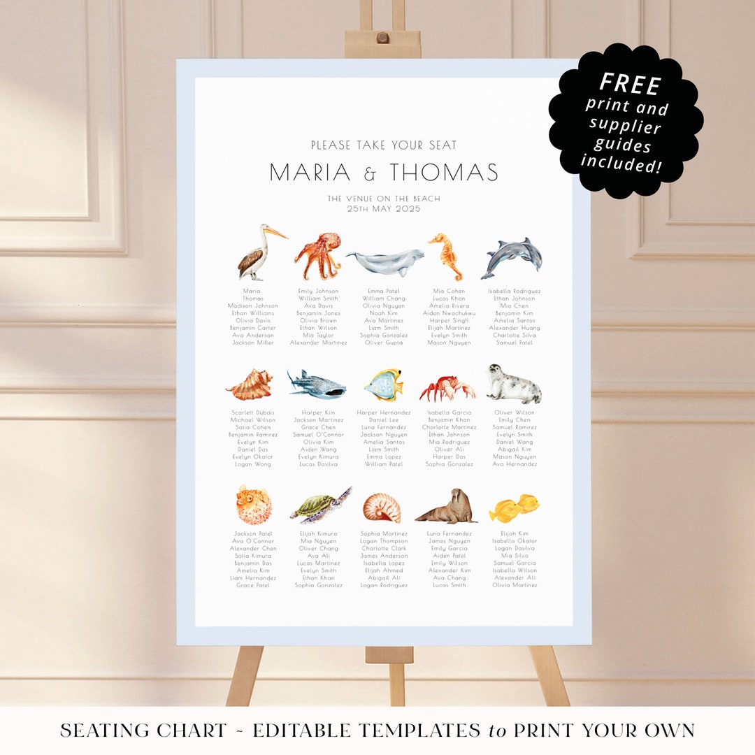 Editable Wedding Table Plan Sign. Sealife Seating Chart With Border ...