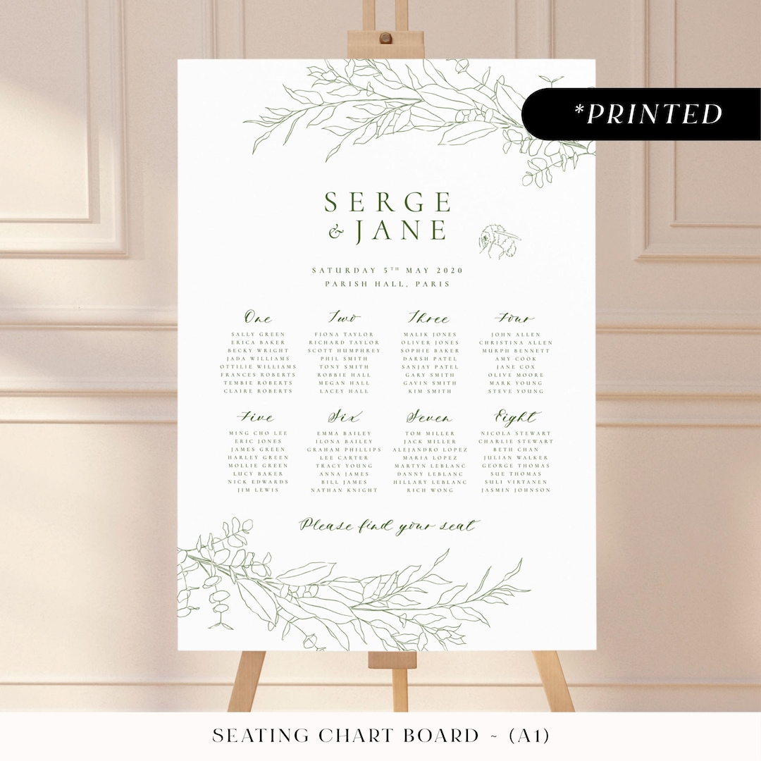 Sage Green Large Seating Chart Sign, Professionally Printed Botanical ...