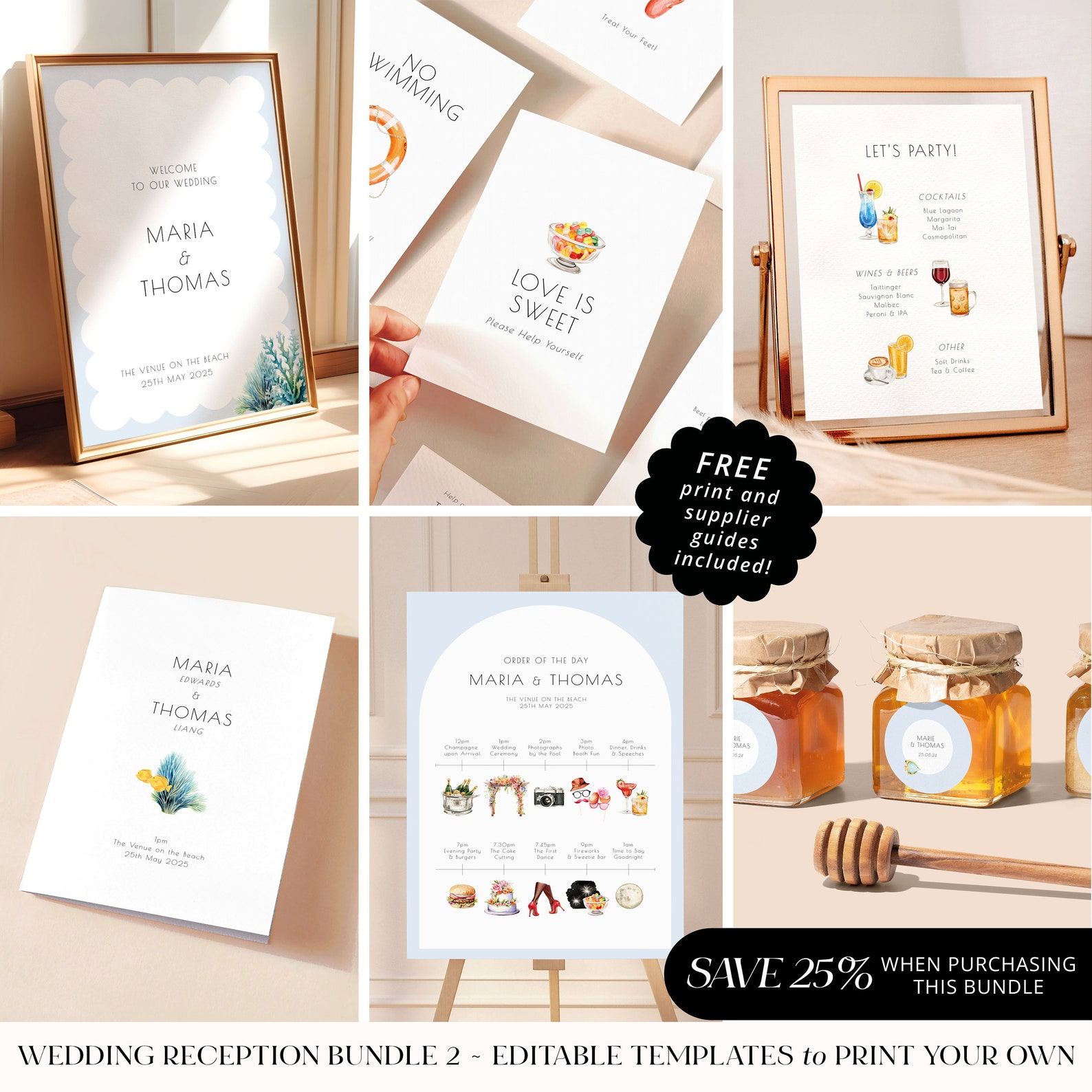 Reception Signage & Favour Stickers Template Bundle. Editable and ...