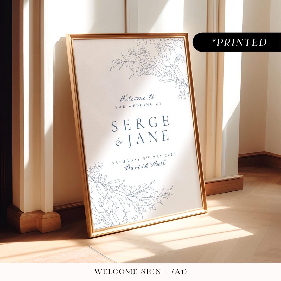 Dusty Blue Large Wedding Welcome Sign, Vintage Botanical Printed ...
