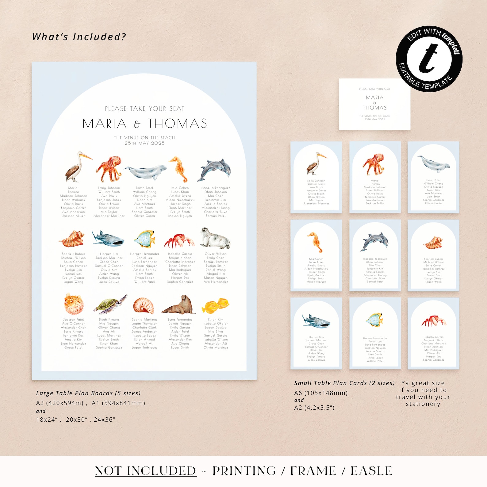 Editable Wedding Table Plan Cards. Sealife Seating Chart Cards With ...