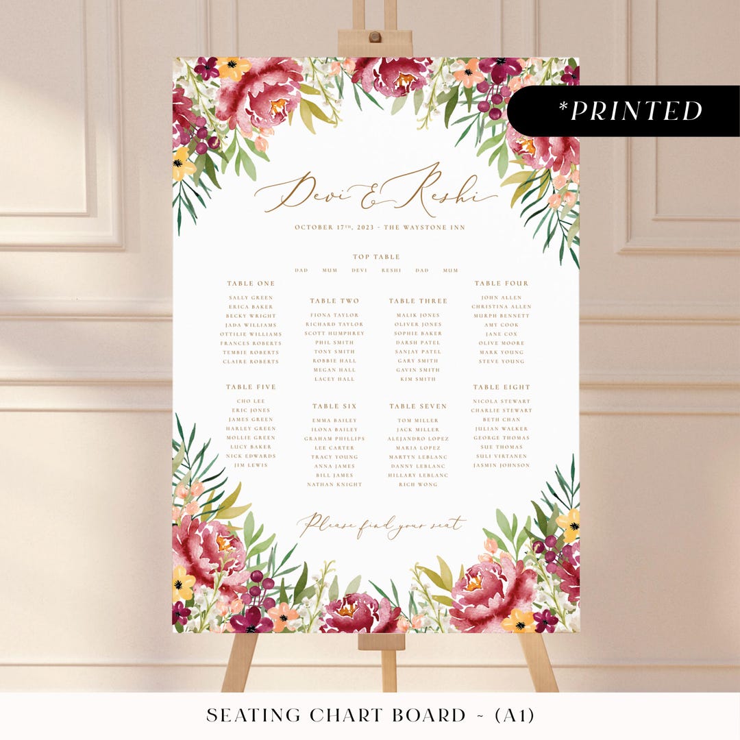 Autumn Floral Wedding Seating Chart. Large A1 Table Plan Board. Fall ...