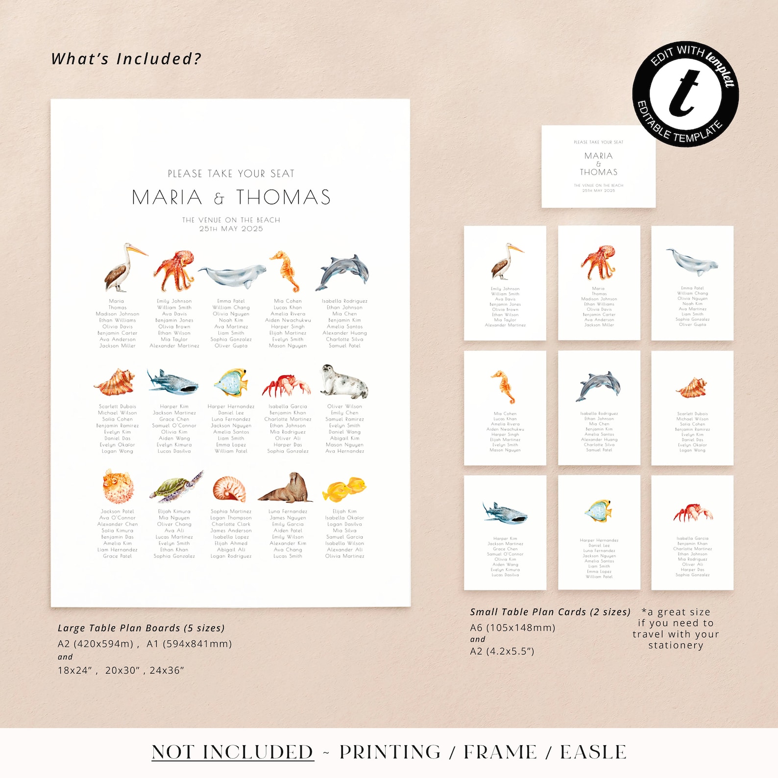 Editable Wedding Table Plan Cards. Sealife Seating Chart Cards With ...
