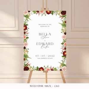 Blush Pink & Deep Burgundy Large Wedding Welcome Sign, Romantic Floral ...