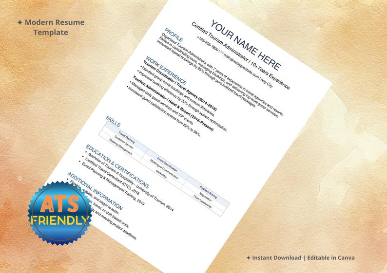 ATS Friendly Tourism Resume Template | Canva CV for Travel ...