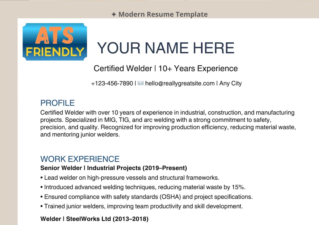 ATS Friendly Welder Resume Template | Welding CV for Job Applications ...