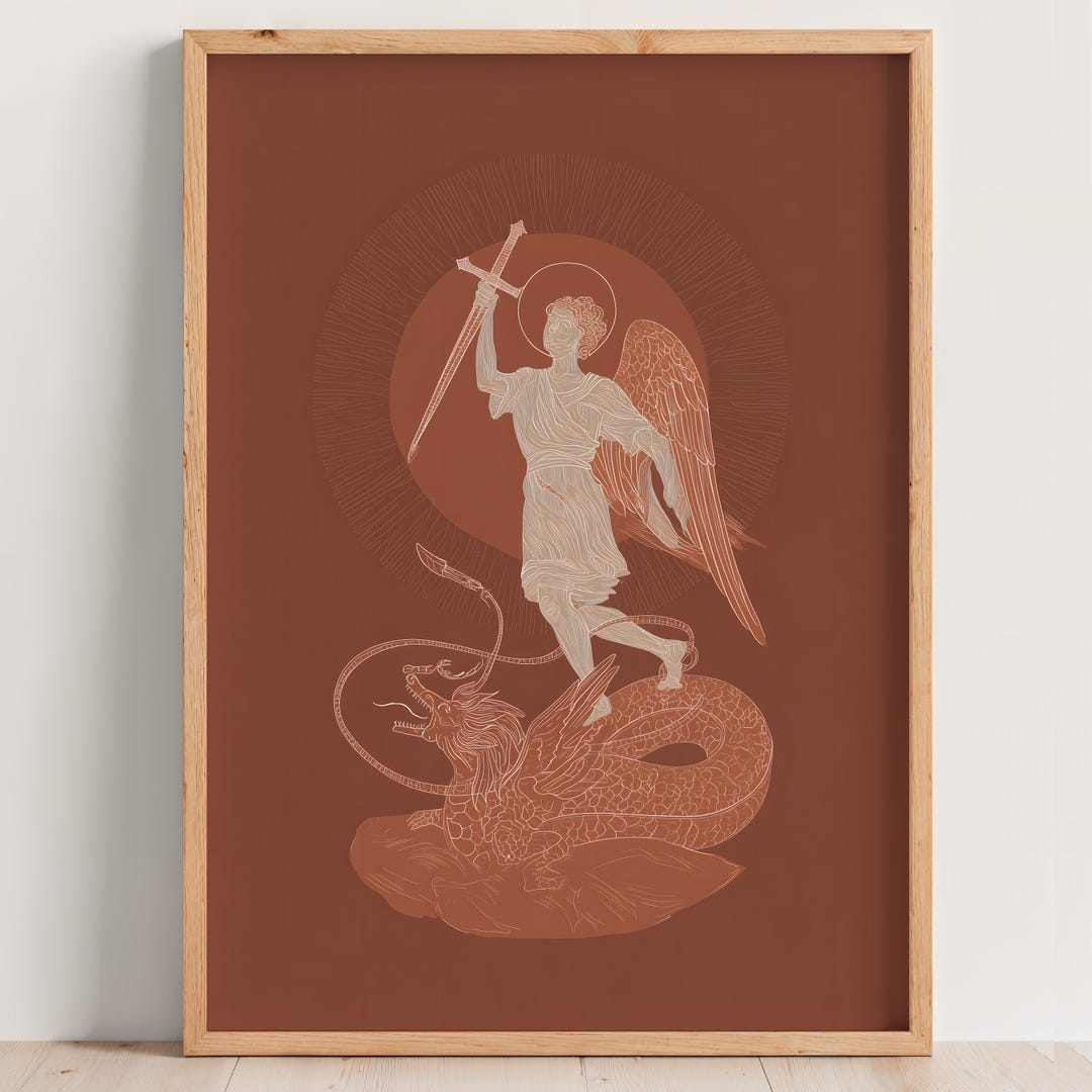 St Michael the Archangel Defeating Dragon, Intricate Line Art ...