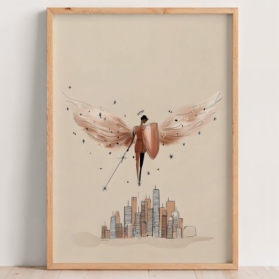 St. Michael the Archangel Over Cityscape, Modern Illustration ...