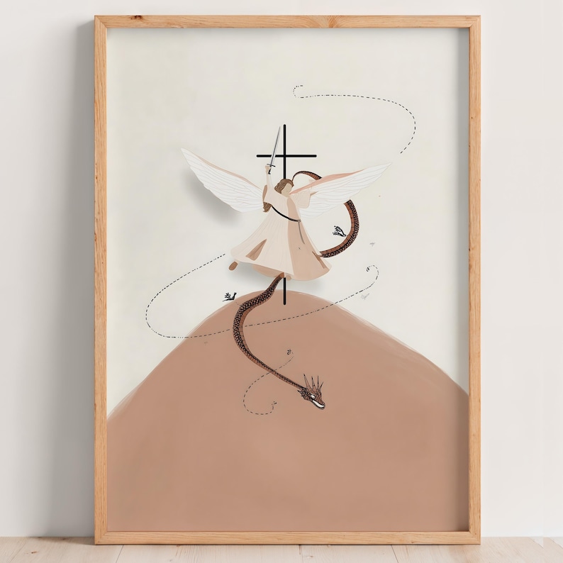 St Michael the Archangel Defeating Dragon, Minimalist Style, Spiritual ...