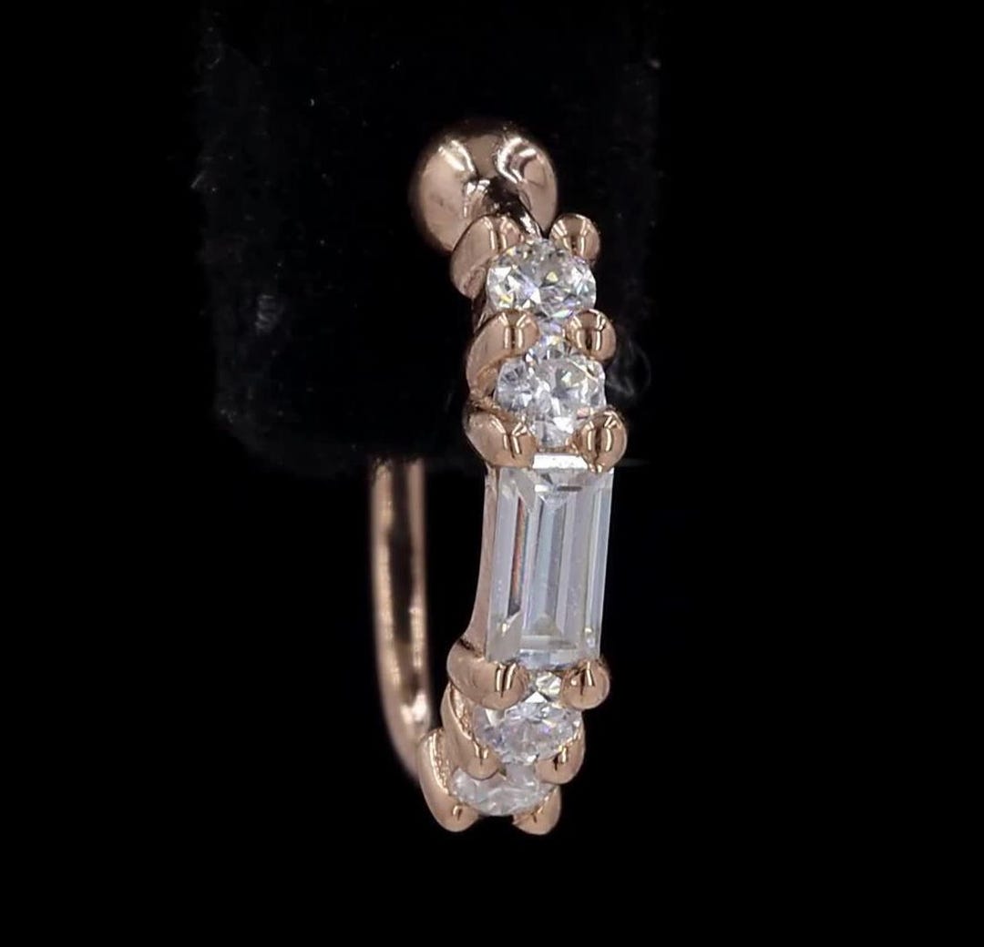 14K Solid Rose Gold Single White Round Diamond Nose Ring Flower Design ...