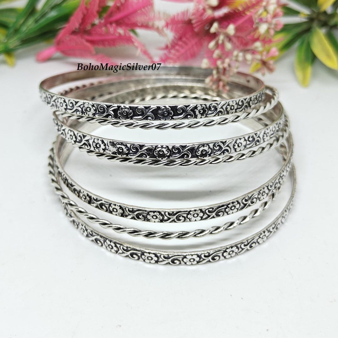 7 Silver Stacking Bangles Set, Handmade Hammered Bracelets for Women ...