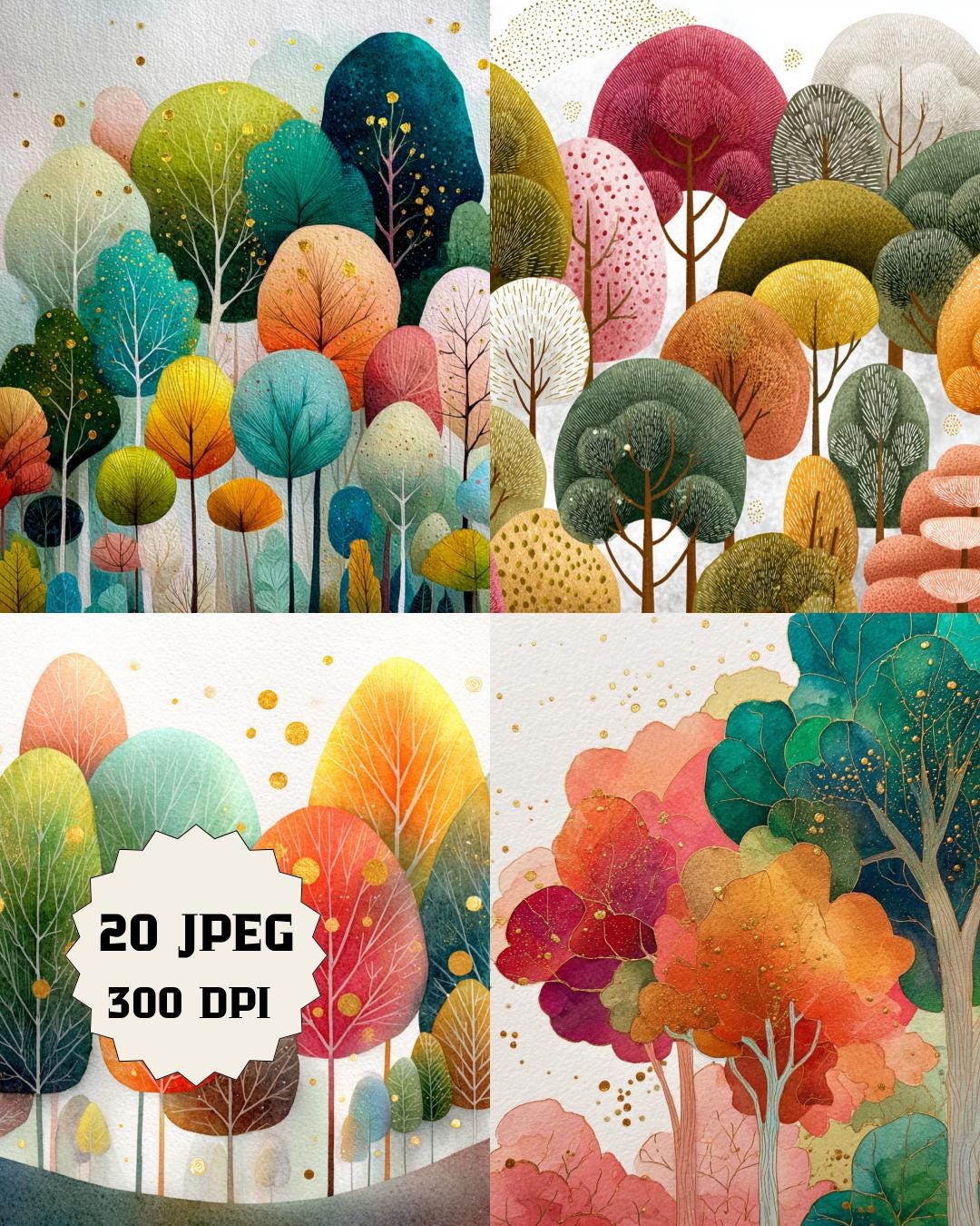 20 Golden Fall Trees Clipart Set – Watercolor Tree Illustrations With ...