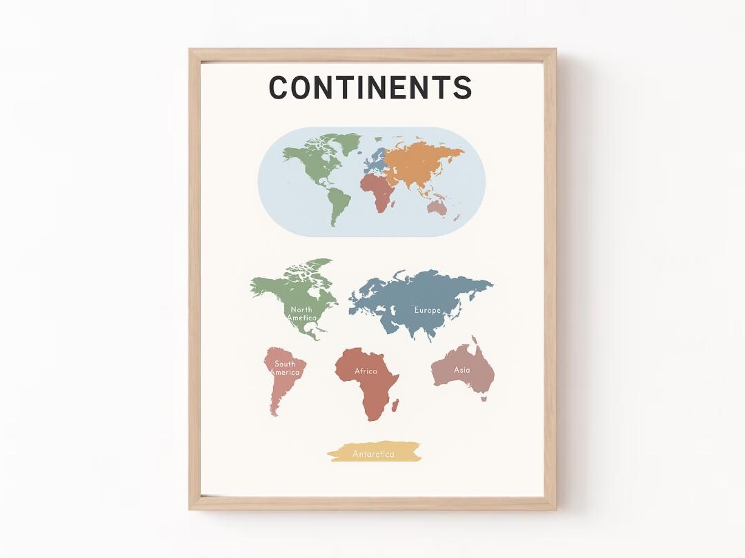 Continents Map Poster – Kids & Adult World Geography Wall Art ...