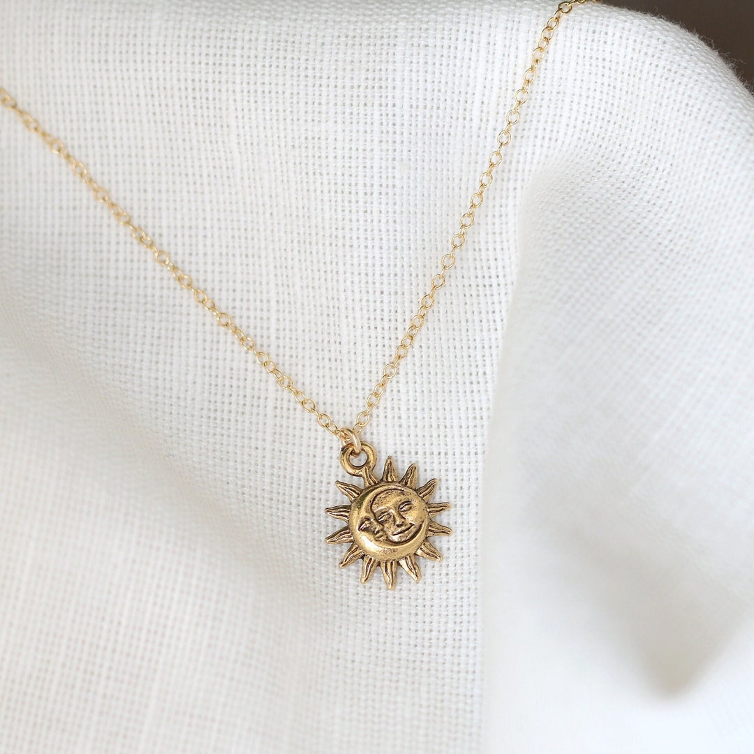 Pewter Sun and Moon Charm Necklace 14k Gold Filled Chain or - Etsy