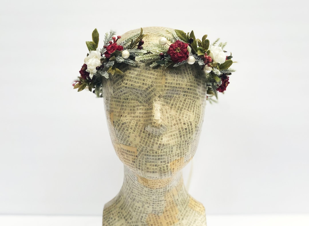 Winter Woodland Bridal Flower Crown, Rustic Floral Headpiece, Red Rose ...