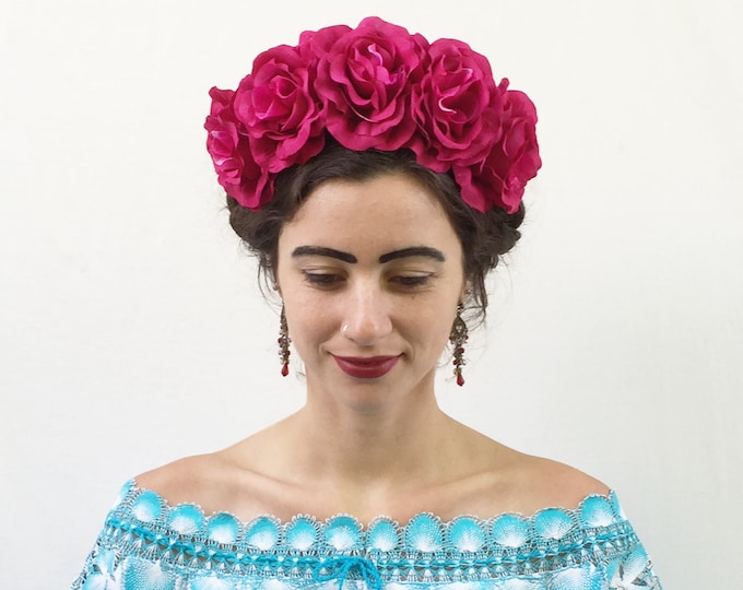 Fuchsia Pink Rose Flower Crown, Fiesta, Floral Headband, Mexican ...