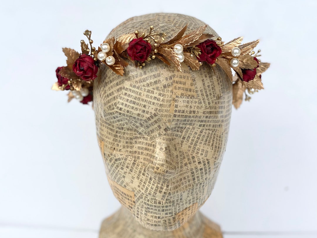 Gold Leaf Pearl, Red Rose Flower Headpiece, Prom, Crown, Graduation ...