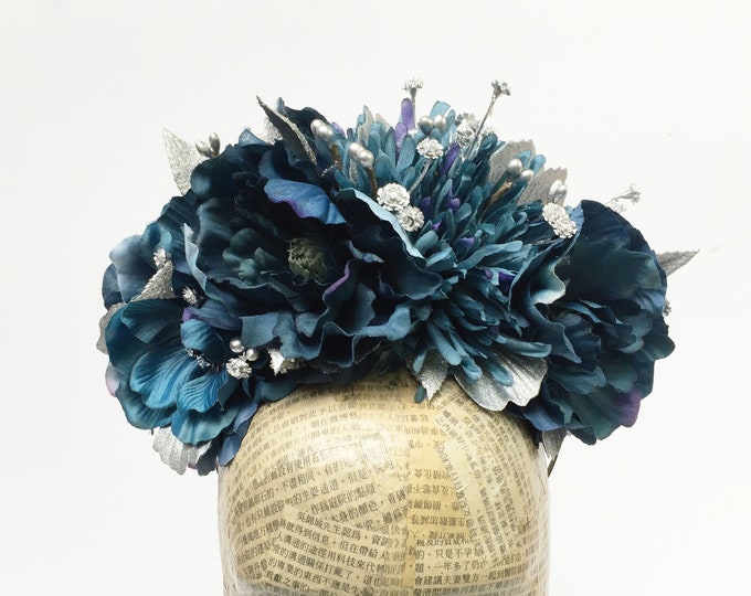 Blue Floral Crown, Teal Blue Flower Headpiece, Silver or Gold Flower ...