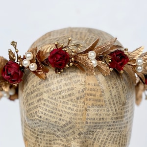 Gold Leaf Pearl, Red Rose Flower Headpiece, Prom, Crown, Graduation ...