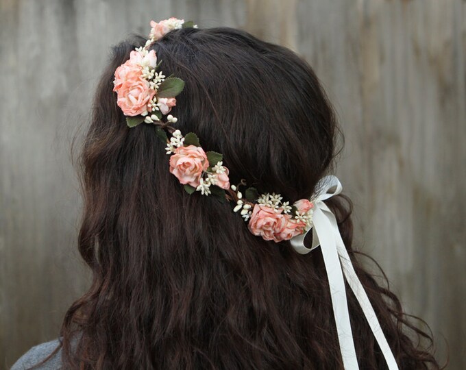 Peach Rose Bridal Flower Crown Coral Peach Bridal - Etsy