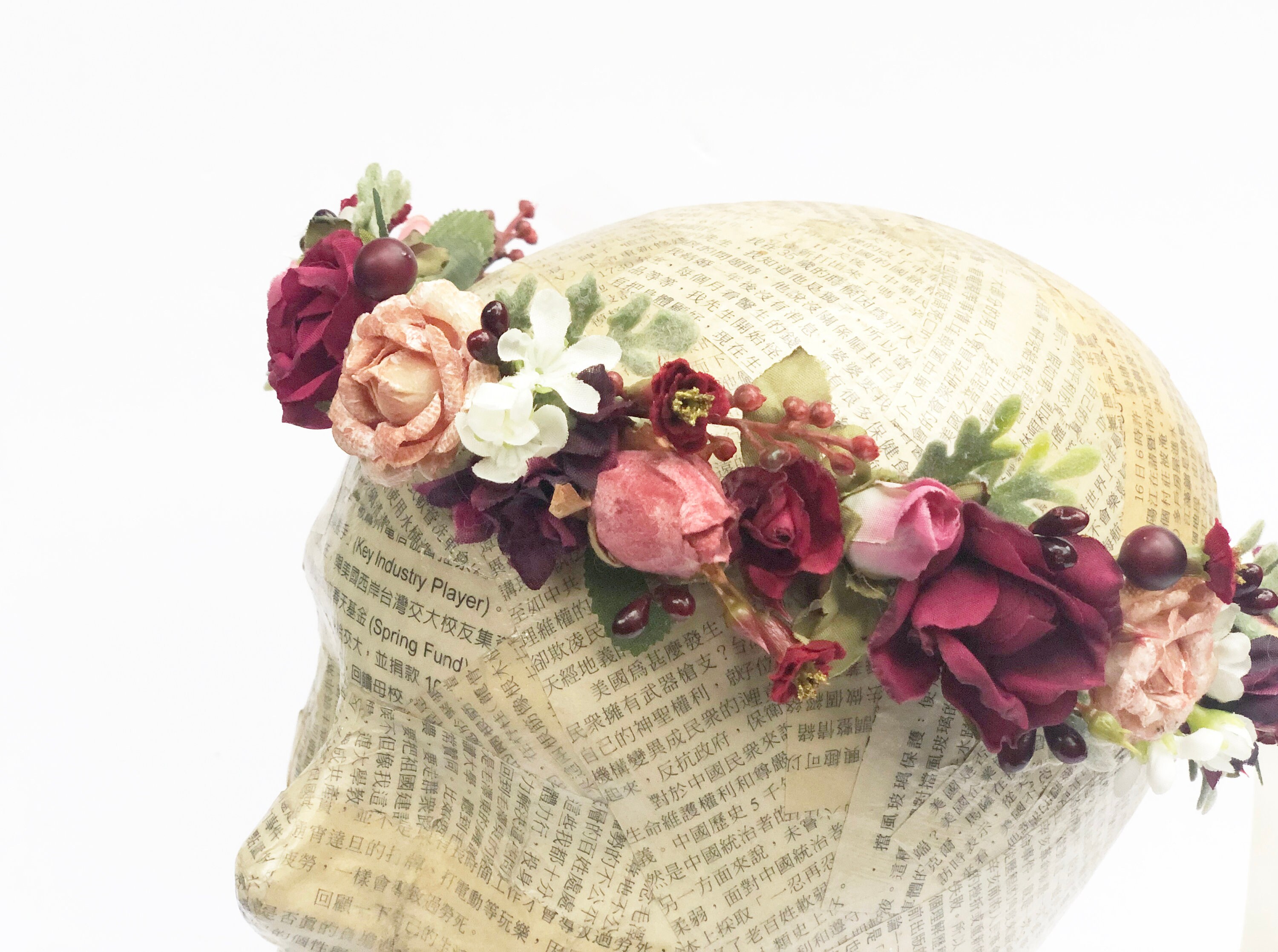 Burgundy Pink Rose Bridal Flower Crown, Rustic Floral Headpiece ...