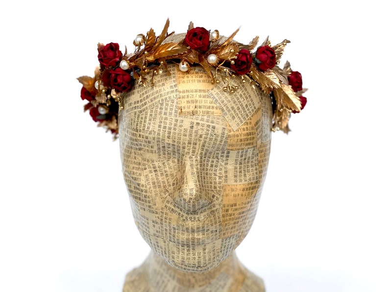 Gold Leaf Pearl Red Rose Flower Headpiece Prom Crown - Etsy