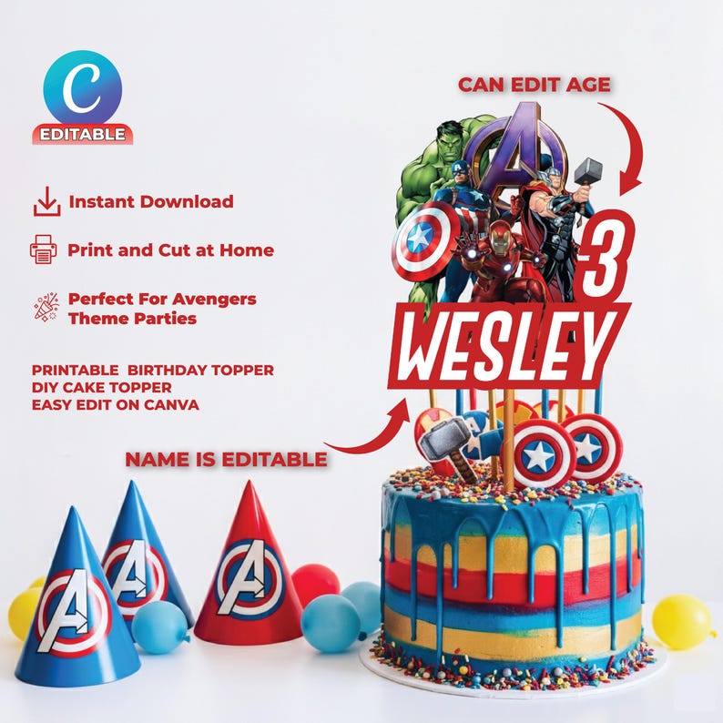Editable Avengers Cake Toppers | Personalized Name & Age With Superhero ...