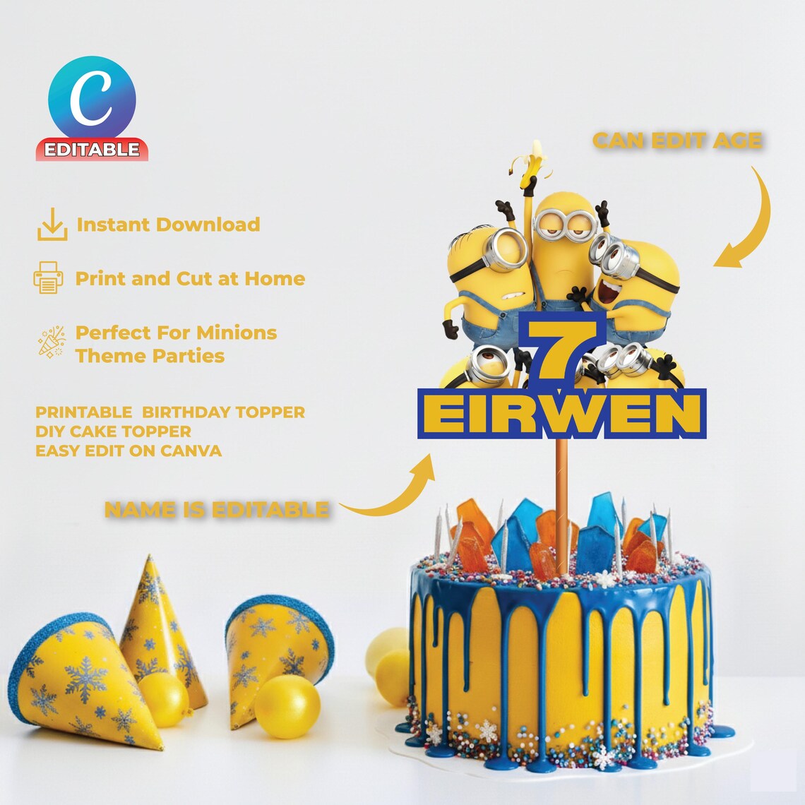 Editable Minion Cake Topper: Birthday Party Cartoon Creature | Fantasy ...