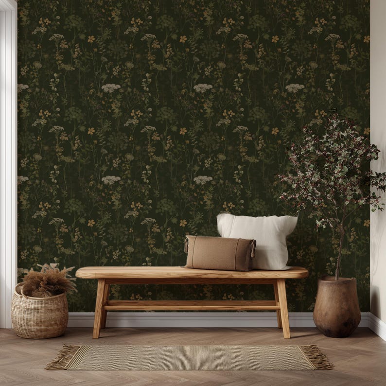 Dark Green Wallpaper Botanical Peel and Stick Wallpaper Wildflower ...