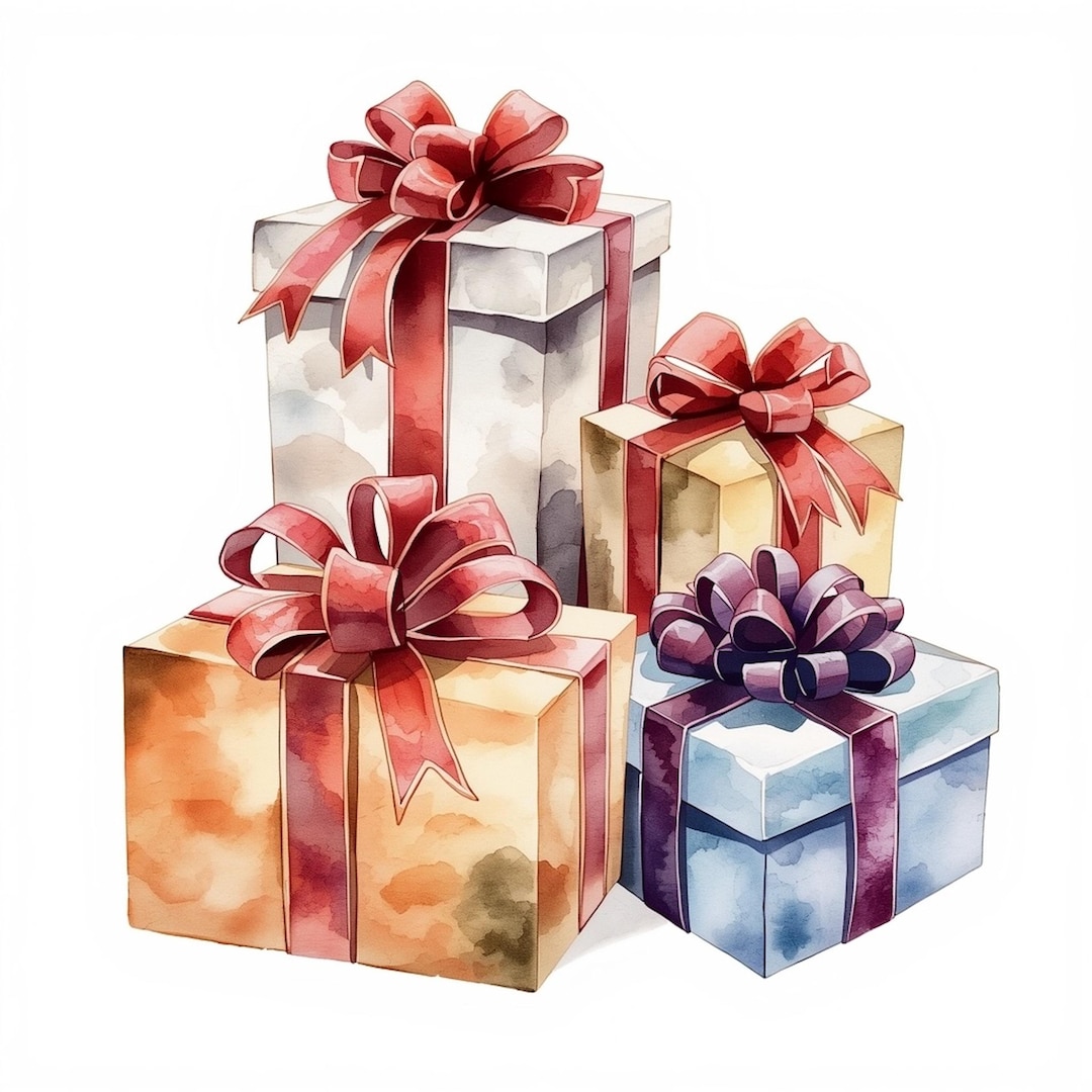 10 Watercolor Christmas Gifts PNG Transparent + JPG | Holiday Gift Clip ...