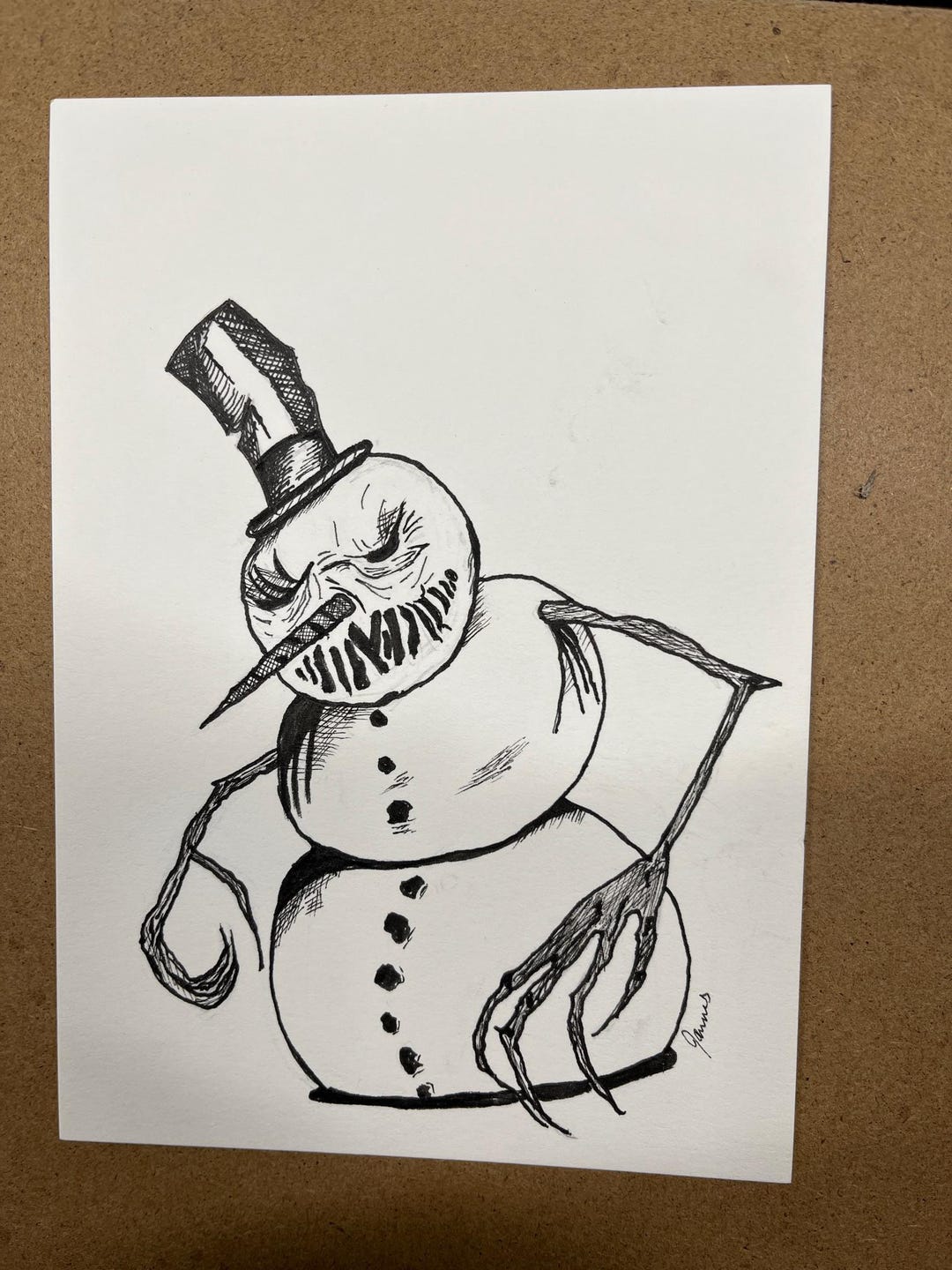 Creepy Snowman Ink Drawing – Original 5x7 Horror Illustration – Dark ...