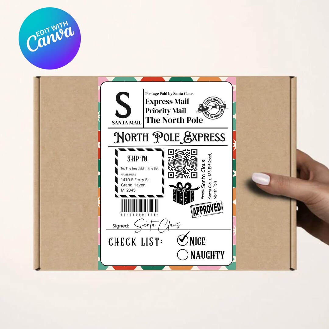 Editable Thermal Label, North Pole Christmas Label Canva Template ...