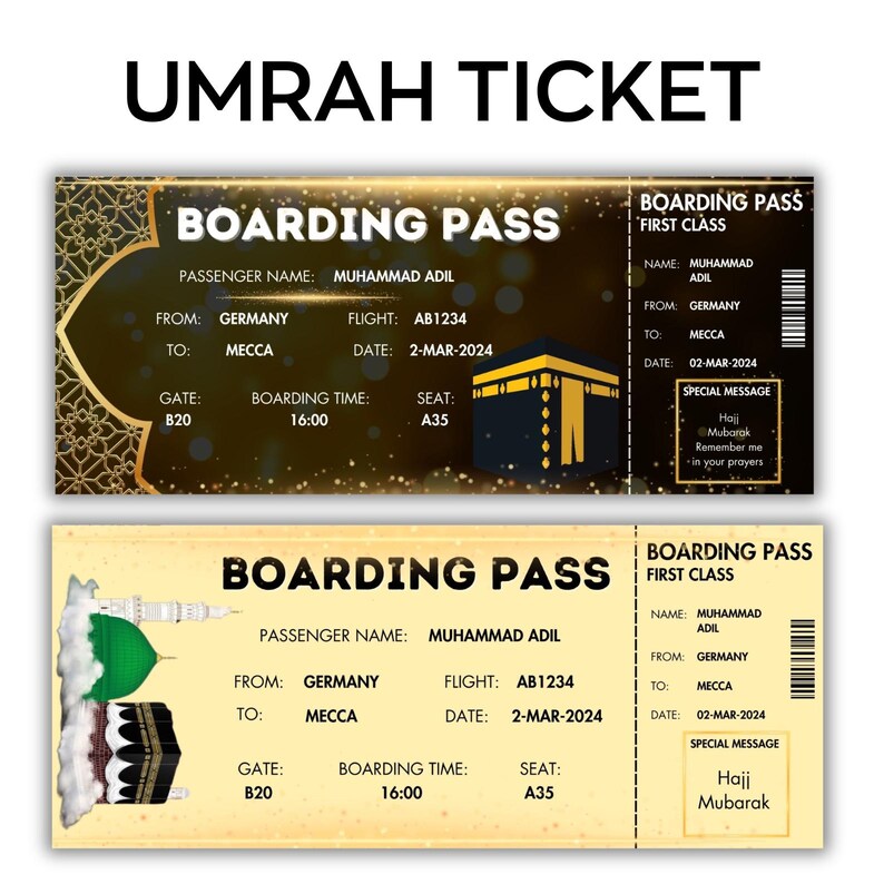 Editable Hajj Boarding Pass, Hajj Plane Ticket, Makkah Umrah Gift ...