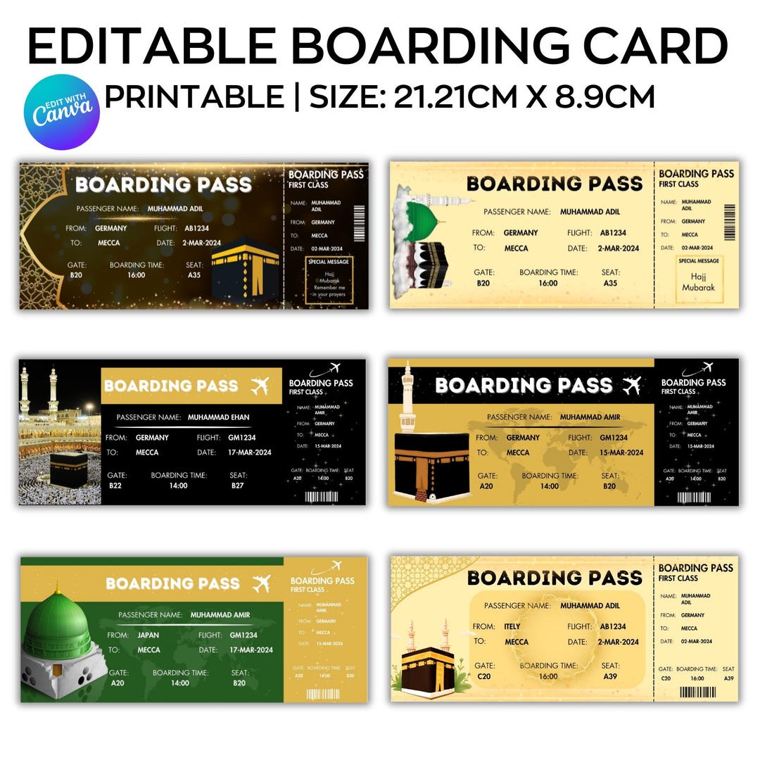 Editable Hajj Boarding Pass, Hajj Plane Ticket, Makkah Umrah Gift ...