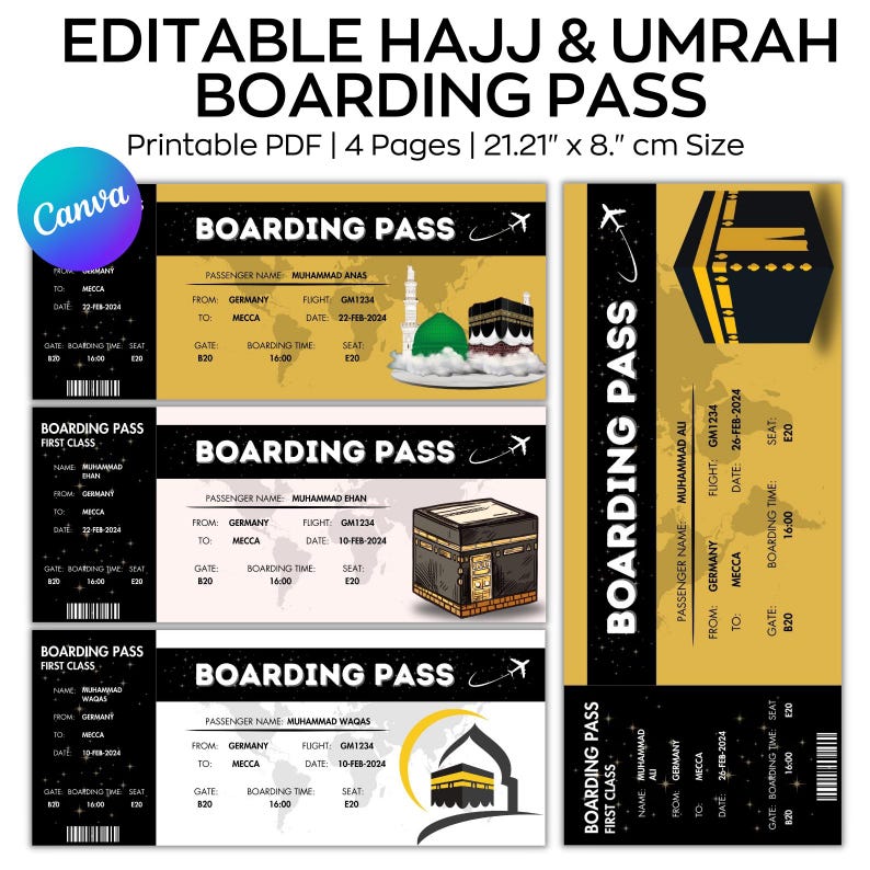 Editable Hajj Boarding Pass, Hajj Plane Ticket, Makkah Umrah Gift ...
