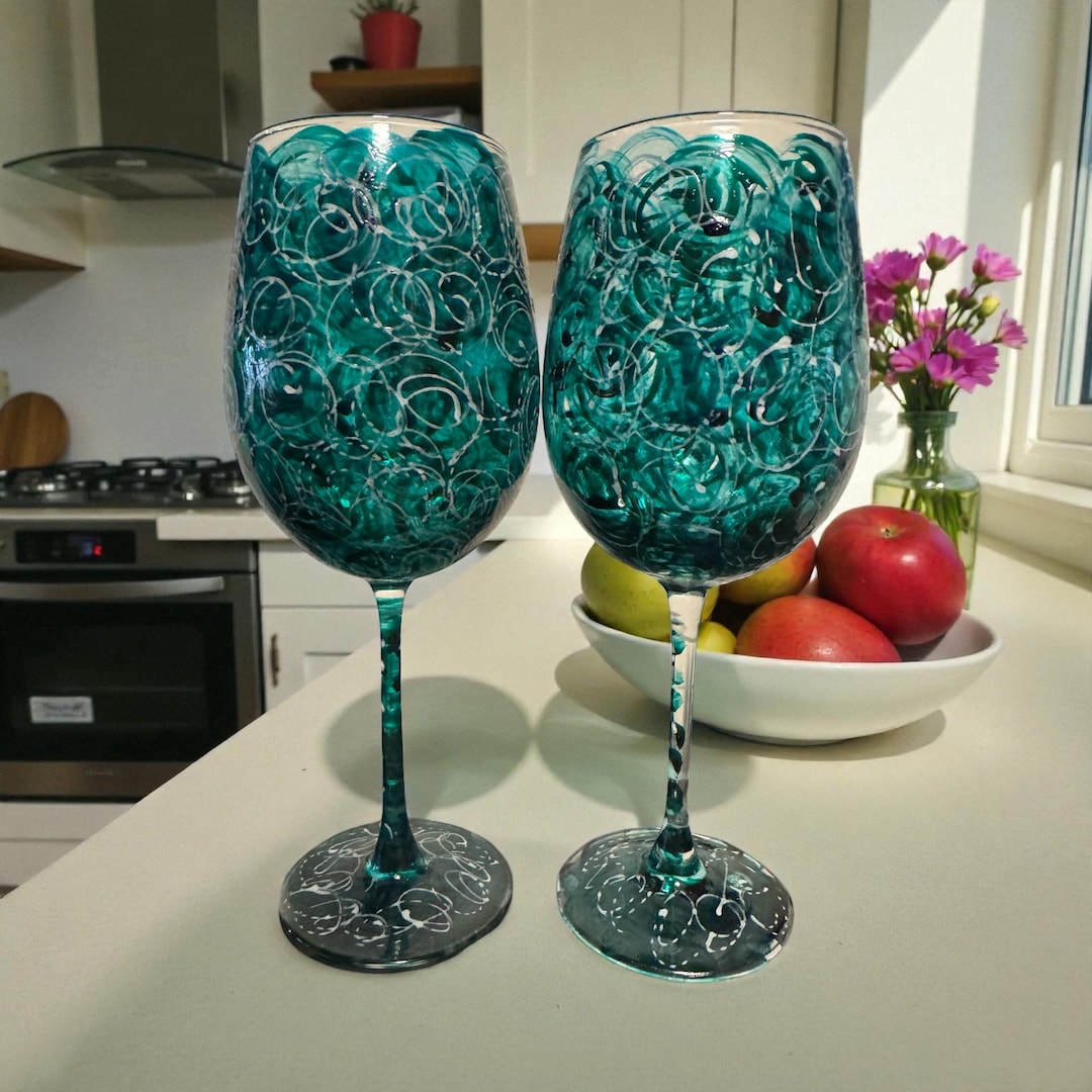 Hand Painted Wine Glasses – Teal Swirl Set of 2 | One-of-a-kind Artisan ...