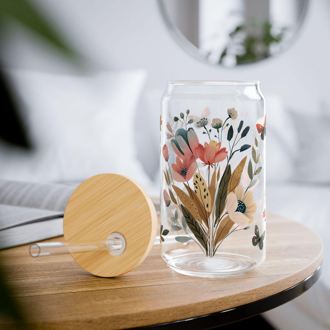 Cottagecore Floral Butterfly Glass Can With Lid Cottagecore Glass Can ...