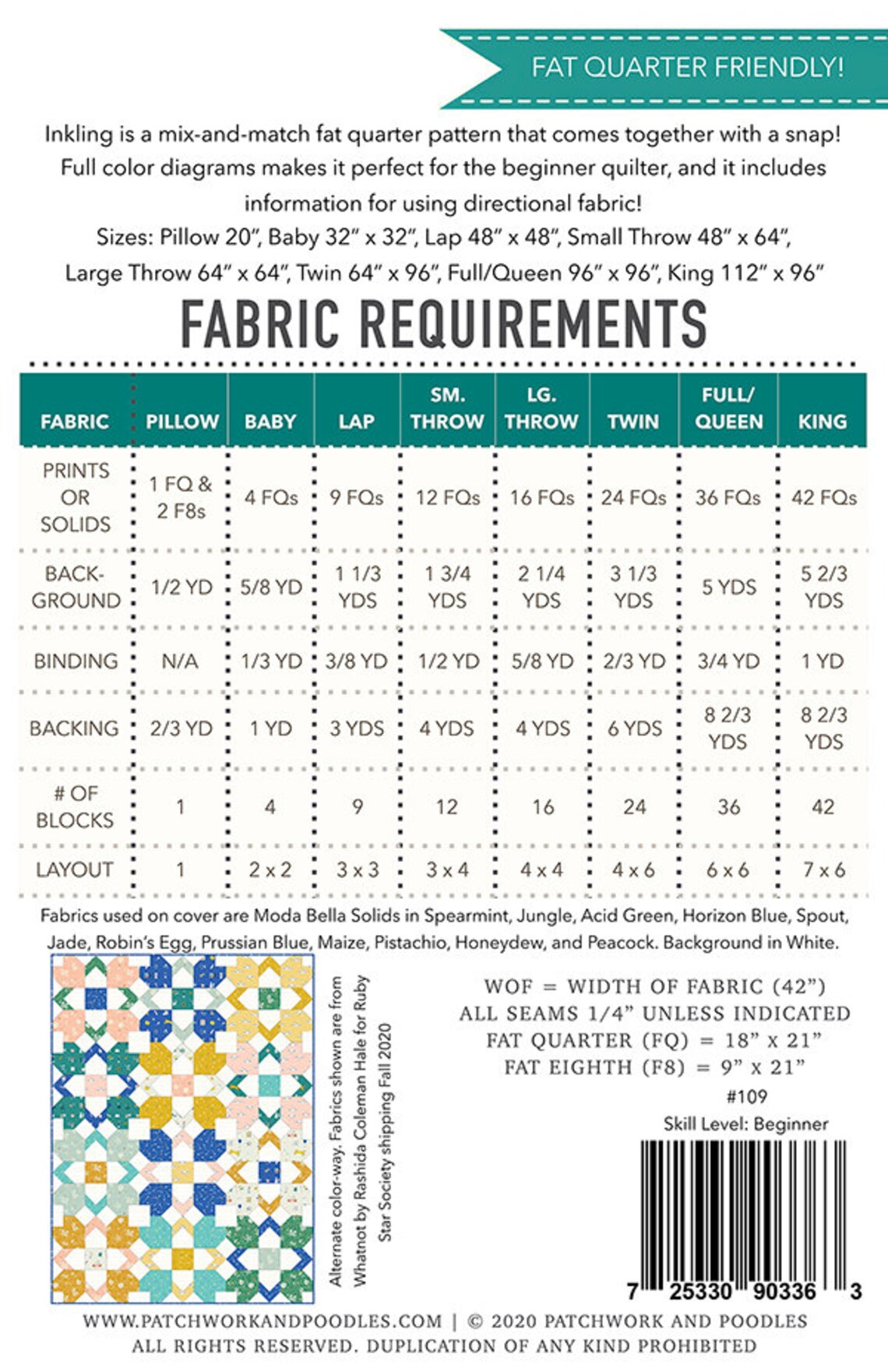 Inkling Quilt Kit Large Throw, Pattern Designed Patchwork & Poodle ...