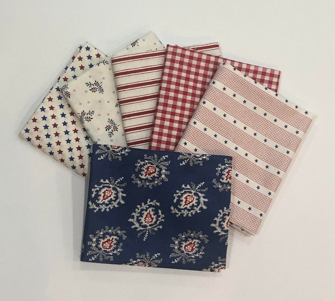 Fat Quarter Bundle of 6 of Various Red, Cream, and Blue Prints by Moda ...