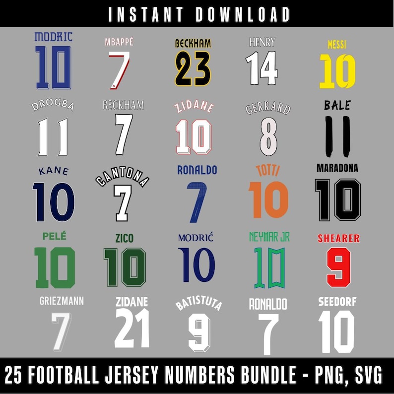 Football Legends Jersey Numbers SVG PNG Bundle, Soccer Stars Cut Files ...