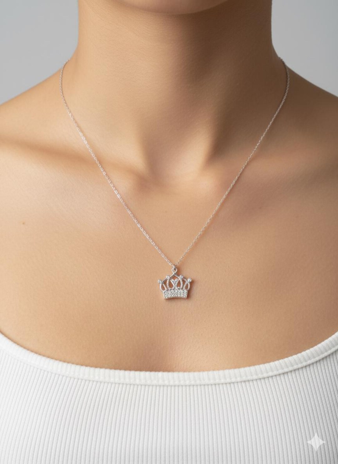 Dainty Princess Crown Necklace in 14K White Gold Plate, Sparkly Crystal ...